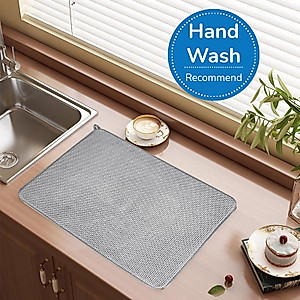 2 Pcs Large Dish Drying Mat for Kitchen Counter,24 x 17 inch Absorbent Microfiber Dishes Drainer Mats,XL Dish Drying Pad for Countertops,Racks,Under Sink(Gray)