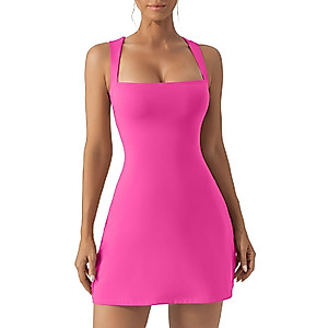 QINSEN Woman's Square Neck Double Lined Bodice Dress Soft Flare Mini Dress Azalea L