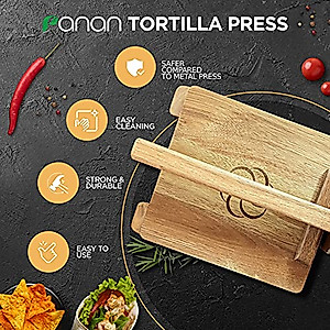 panan Wooden Tortilla Press Mexican Tortillera Presser Made from Natural Food-Grade Acacia Wood - Large Wood Pataconera with 50 Pieces Parchment Paper, Dough Cutter and Recipes eBook (Square 10")