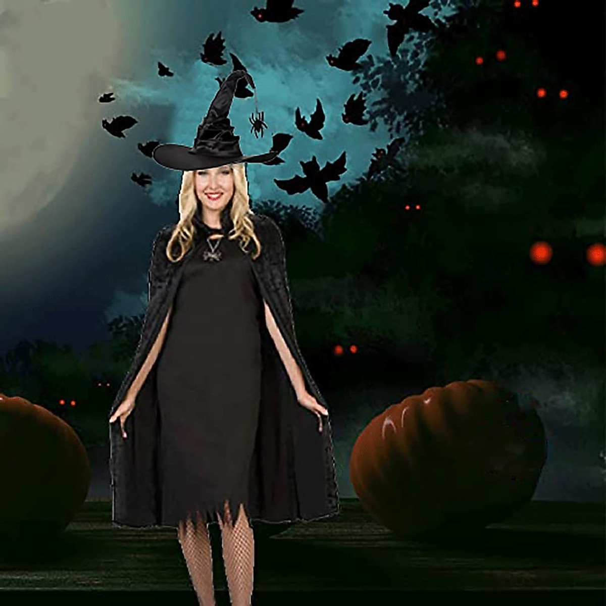 XGOPTS Halloween Women Witch Hat Black Ruched Crooked Wicked Witch Hat Devil Spider Wizard Hat for Costume Cosplay Party