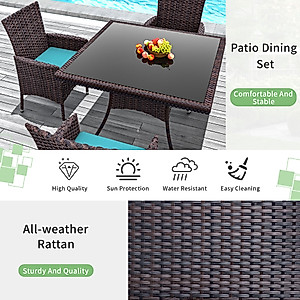 Trumbeak 10 Piece Outdoor Dining Set,Rattan Patio Conversation Set of 8 Chairs,Patio Dining Table and Chairs w/Cushions,Square Glass Tabletop,Umbrella Cutout for Patio,Blue