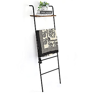Blanket Ladder Wall Leaning Blanket Rack Farmhouse 5-Tier Metal Blanket Holder with Shelf Bath Towel Storage for Bathroom Quilt Bedroom Living Room Pool Black