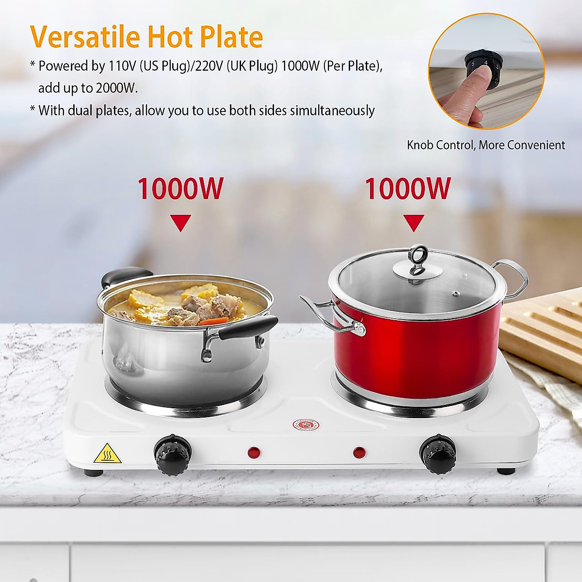 TeqHome Hot Plate, 2000W Portable Electric Stove for Cooking with 5 Levels Adjustable Temperature & Dual Control, Countertop Double Coil Burner Cast Iron Cooktop for All Cookwares RV Home Camp (White)