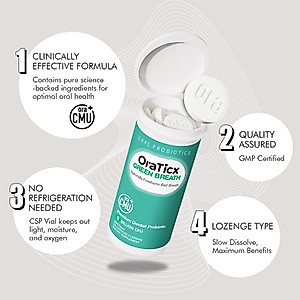 OraTicx Green Breath Oral Care Probiotics, Naturally Support Freshens Bad Breath & Healthy Mouth, Dental Probiotic Supplement 8 Billion CFU, Mint Flavor 30 Lozenges 1-PK