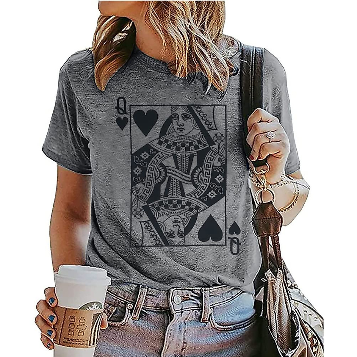 Queen of Hearts T-Shirt for Women Funny Vintage Graphic Tees Cool Cute Queen Tee Casual Short Sleeve Tops Shirts (XL, Gray)