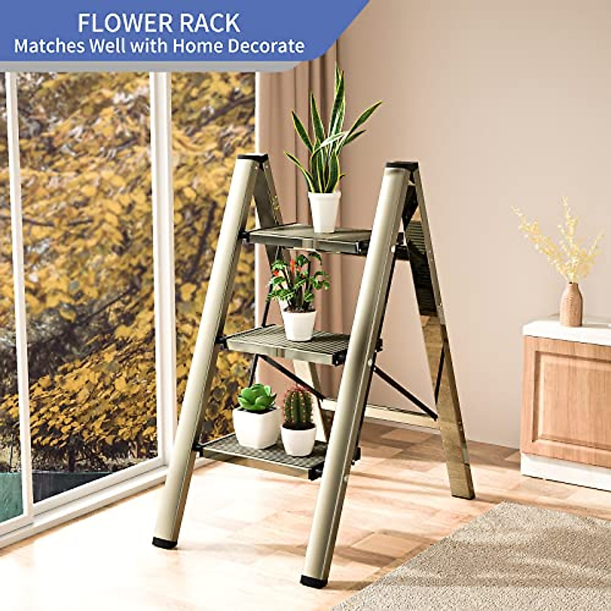 3 Step Ladder, Aluminum Folding Step Stool with Wide Anti-Slip Sturdy Pedal, Portable Lightweight Step Stool Multi-Use for Kitchen Household and Office, Gold, 330 LBS