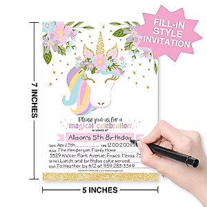 Hadley Designs 25 Pastel Unicorn Kid Party Invitation, Birthday Royal Princess Queen Crown Girl Bday Invite, Magical Rose Pink Gold Floral Glitter Rainbow Bday Idea, Magic Fairytale Printable Template