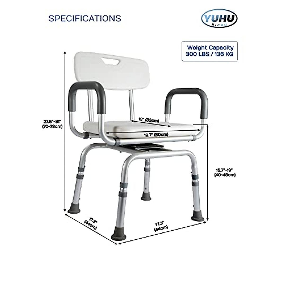 360 Degree Heavy Duty Swivel Shower Chair with Armrests and Back Support, Shower Chair for Inside Shower, Tub Transfer Bench, Shower Stool&Bath Chair(RightHand Handle)