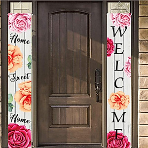 LOONELO Welcome Home Porch Banner Decorations with 70.8"X11.8"，Floral Welcome Home Spring Summer Flower Door Sign for Graduation Retirement Military Army Homecoming Decorations