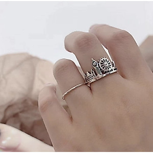 HUKQBUNX 925 Sterling Silver Exquisite Unique City Castle Sky City Punk Art Geometric Gear Crown Ring Lady Fresh Ring Opening Adjustment