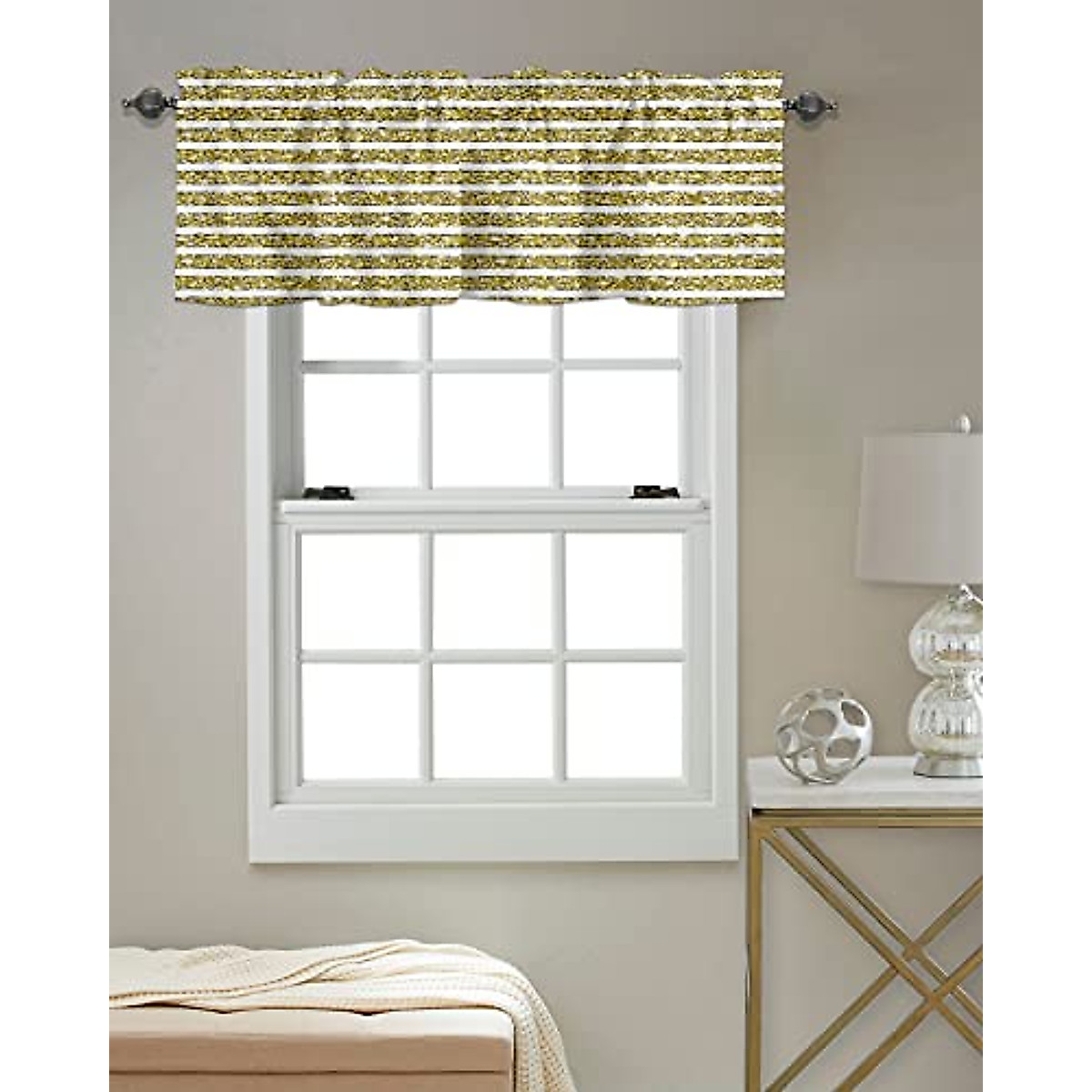 RainbowDay Valance Curtain Elegant Decorative Rod Pocket Valances White Gold Stripes Window Curtain Valance for Kitchen Bathroom Bedroom Basement Cafe,1 Panel 54x18 Inch