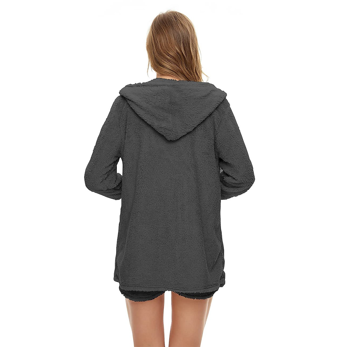 HRESSLBD Cozy 3 Piece Loungewear for Women, Fuzzy Shorts Sets for Women, Womens Fuzzy Fleece 3 Piece Pajama Set Tank Crop Tops Shorts Open Cardigan, Fluffy Crop Top and Shorts Set (Dark Gray, XL)