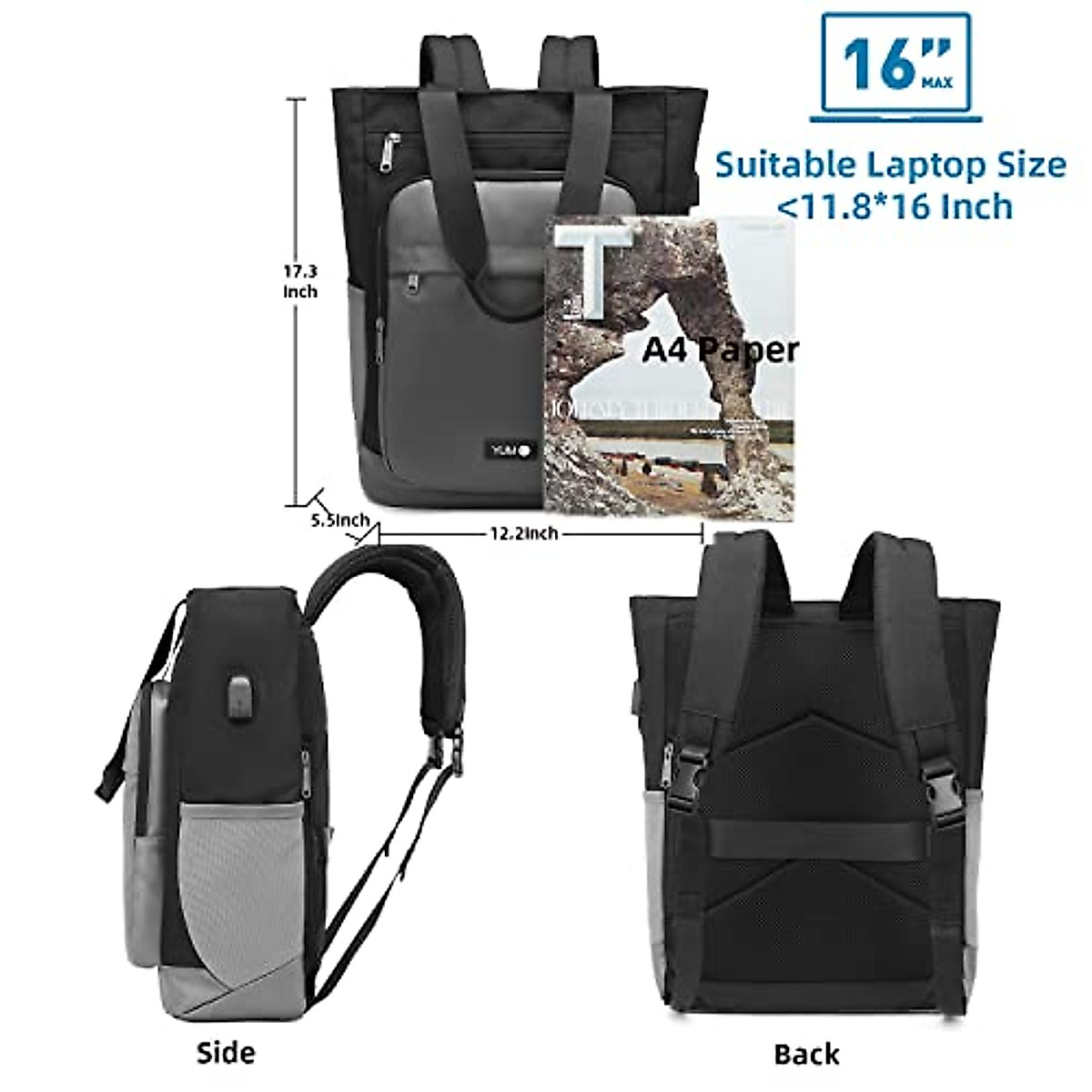 Y.U.M.C. Convertible Tote Backpack for Women Laptop Bag for School Work and Travel with 15.6 inch laptop sleeve USB Charging Port Luggage Belt Set B6065 (Black)