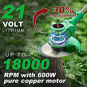 HUDAEN Cordless Grass Trimmer Weed Wacker, 3-in-1 String Trimmer Lawn Edger with 21V 2Ah Li-ion Battery for Garden and Yard with Wheel, Lightweight Adjustable Height Weed Eater Tool (Green)