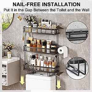 Fokyfok Over Toilet Bathroom Organizer, Over The Toilet Storage Shelf,Behind Toilet Shelf Rack,Above Toilet Storage, Back of Toilet Organizer,3 Tier Metal Black Large