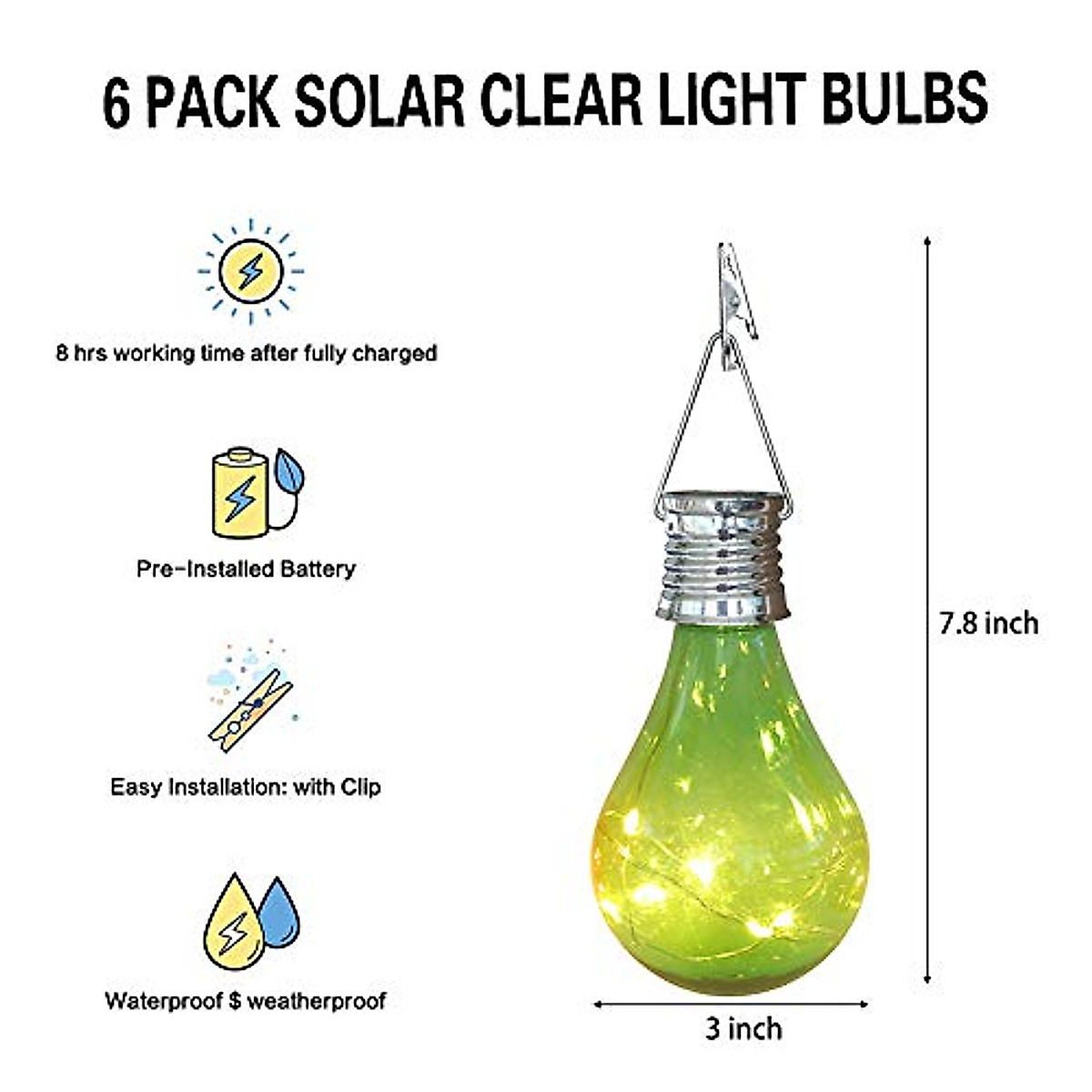 pearlstar Solar Light Bulbs Outdoor Waterproof Garden Camping Hanging LED Light Lamp Bulb Globe Hanging Lights for Home Yard Christmas Party Holiday Decorations (6 Pack-Solar Light Bulbs)