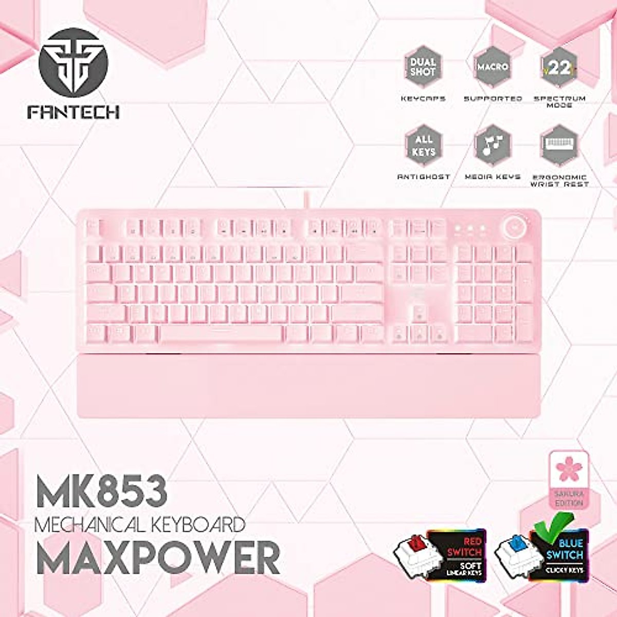 Fantech P31SE Pink Gaming Keyboard and Mouse and Large Mouse Pad Combo, Wired RGB Backlit Mechanical Keyboard with Wrist Rest and RGB Gaming Mouse and Desk Pad(31.5×12in) Bundle, Blue Switch (Clicky)