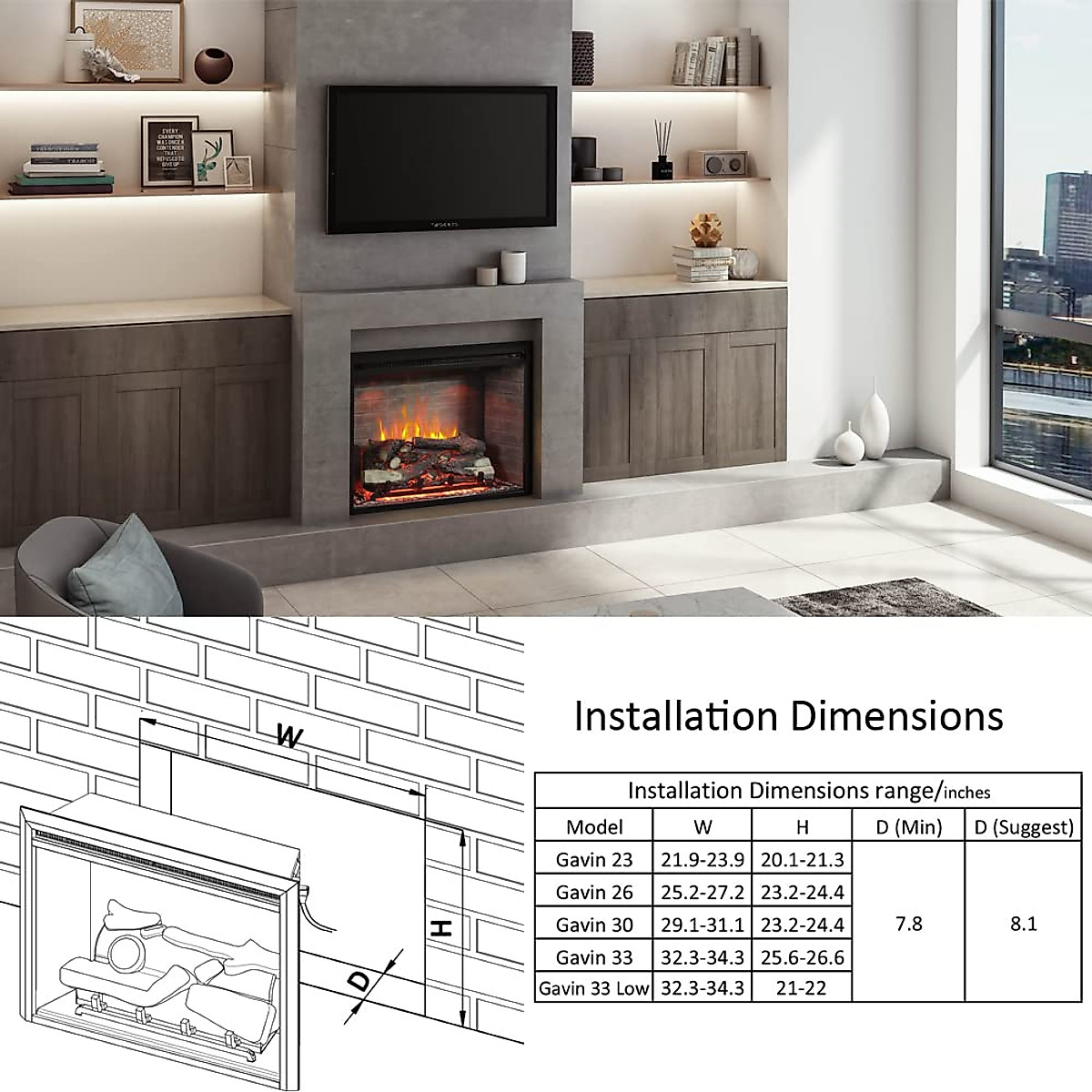 RICHFLAME Gavin Electric Fireplace Insert with Log Speaker, Designed for Stud, Wood Burning Opening, Cabinet & Wood Mantel, Remote Control, 750/1500W, Black, 33 5/64 Inches Wide, 21 Inches High