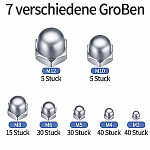 Hex Acorn Bolt Covers, 165pcs Acorn Cap Nuts, Black Dome Nut Caps, Stainless Steel Dome Acorn Bolt Cup Nuts Protector Caps for Protection Threads Rods Bolts, M3 M4 M5 M6 M8 M10 M12 (Silver)