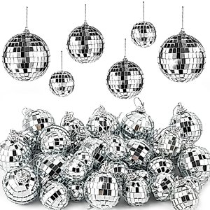 36 Pieces Mirror Disco 4D Ball Silver Hanging Disco 4D Ball Small Party Mirror Balls Cool Reflective Decor Christmas Tree Ornaments for Wedding Party Dance Music Festival, 3 Sizes