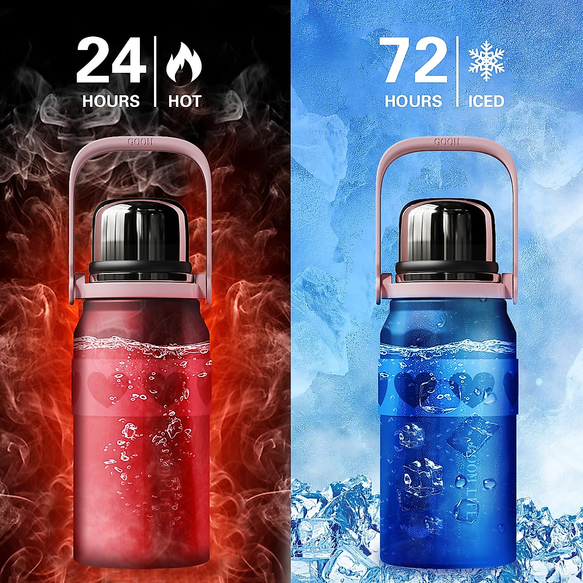 GOOM The Grip 32 oz Water Bottles for Hot and Cold Drinks,18/10 Stainless Steel Insulated Water Bottle with Lid, Carrying Strap,Strainer,7-Layer Insulation,Wide Mouth - Black, Pink