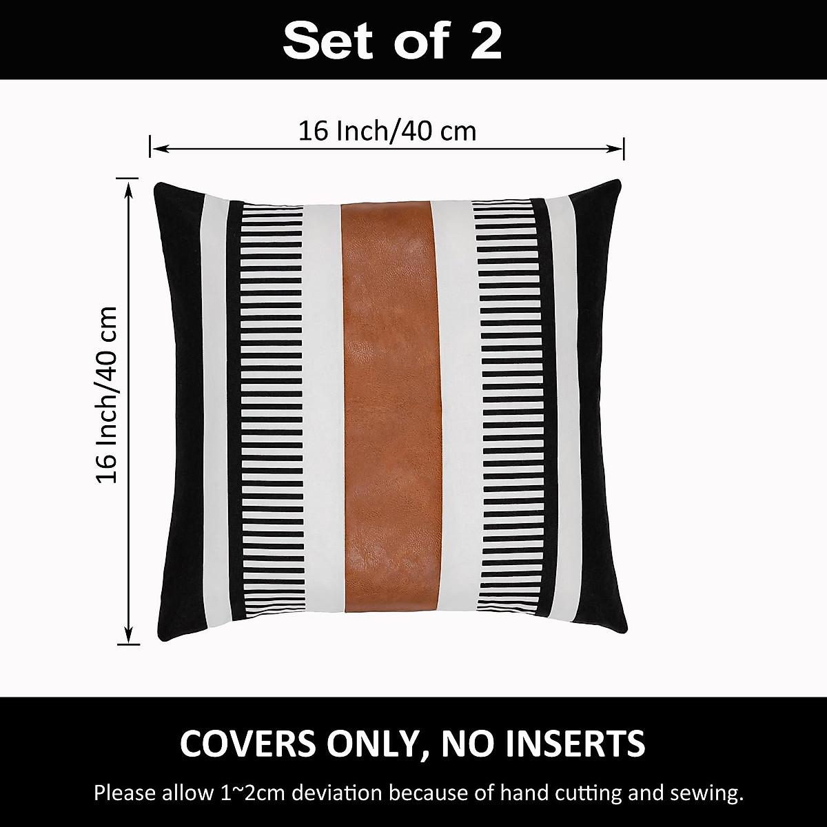 Vfuty Set of 2 Striped Boho Throw Pillow Covers 16x16 inch, Modern Leather Pillow Cover for Couch Sofa Bed, Farmhouse Decor Patchwork Accent Pillowcase, Black