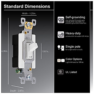GE Heavy-Duty, Single Pole, In-Wall, Light, Fan, One Switch Circuits, Self-grounding Clip, Easy to Install, 20A/120V AC, UL Listed, White, 42160