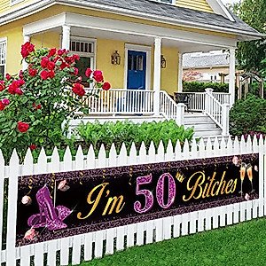 MEFENG Large I’m 50 Bitches Purple Gold Birthday Banner, Purple Gold Banner,50 Years Old Birthday Photo Booth Backdrop Supplies Happy Fifty Yard Sign Party Supplies