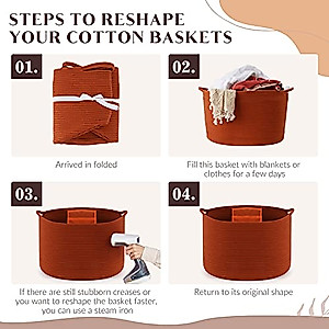 Maliton XXL Large Cotton Rope Basket Large Basket for Blankets, Towels, Pillows - Round Toy Basket with Pockets- Woven Laundry Basket with Handles - 20" x 20" x 13" Nursery Hamper Bin, Burnt Orange