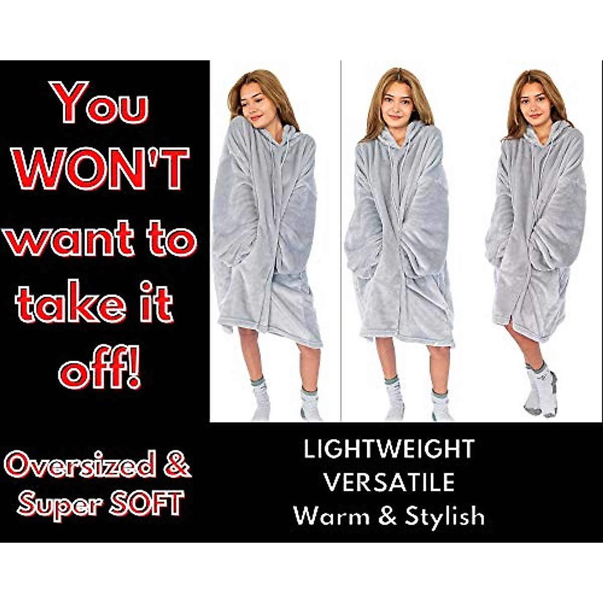 emmandsophie Blanket Sweatshirt - Cozy Blanket Hoodie - Oversized Wearable Blanket - 2 Front Pockets - Machine Washable - Adults, Women, Men,Teens (Grey)