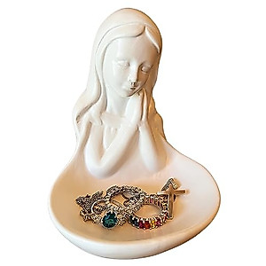 Top Brass Porcelain Rosary/Jewelry Holder - Blessed Virgin Mary/Lady of Grace Angelic Madonna Prayer Bead Necklace Tray Decor