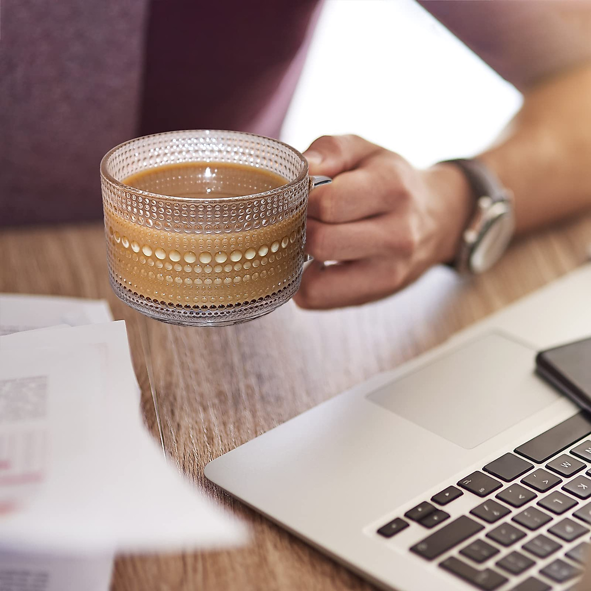 Anbanglin 4Set Vintage Coffee Mugs, Glass Cups with Spoons, 14OZ Elegant Embossed Tea Cups, Glass Coffee Cups for Ice Coffee, Cereal, Yogurt, Ideal Gift