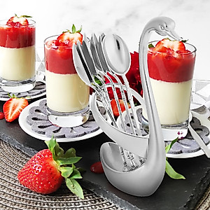 MAGICLULU Ice Cream Spoon Coffee Spoon Set with Swan Base Holder 6Pcs Dessert Spoons with Organizer Dessert Flatware Set for Tea Coffee Ice Cream Cake Sugar Silver Espresso Spoons