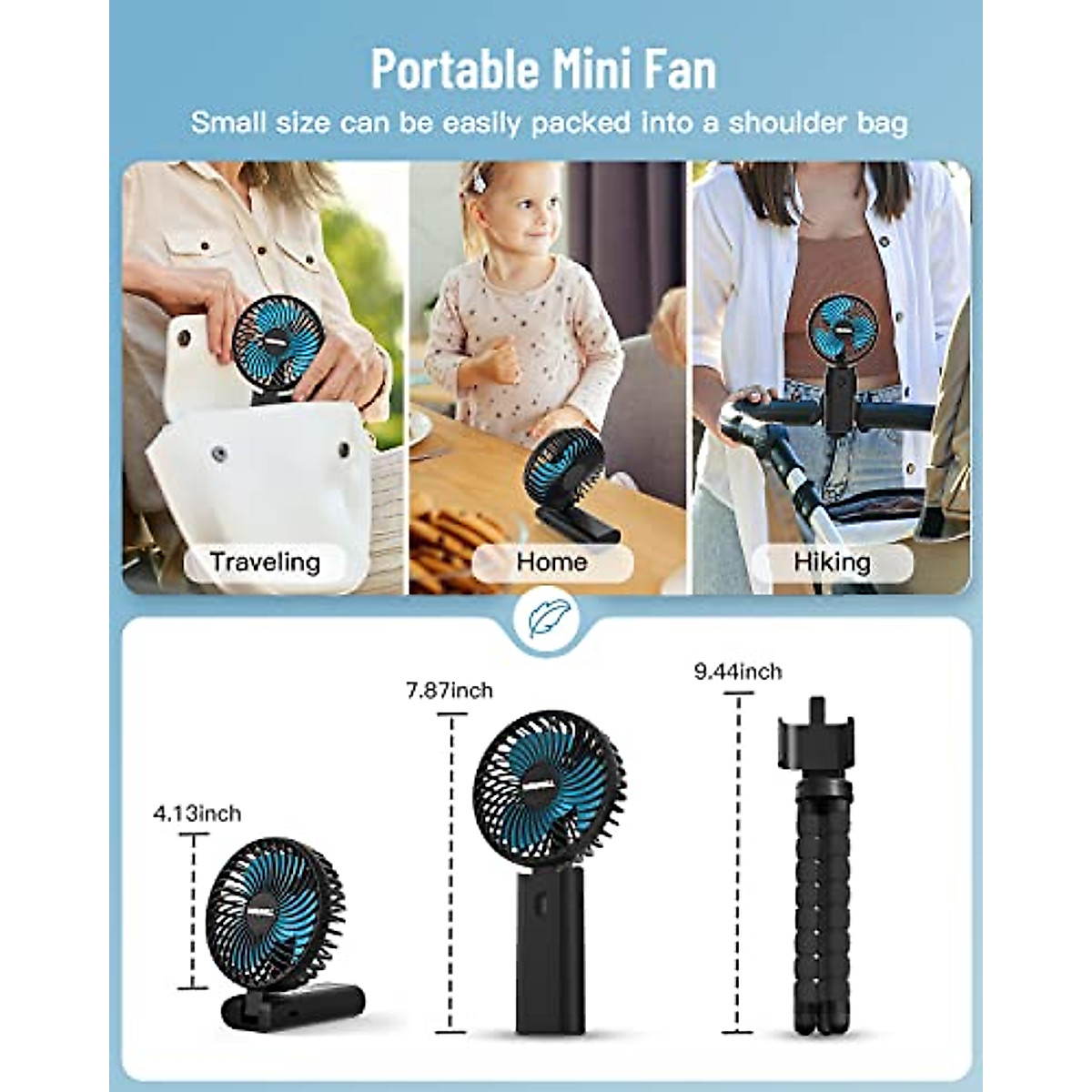 Portable Fan, 5200mAh Mini Handheld Fan,Baby Stroller Fan With Flexible Tripod, 3 IN 1 Portable Fan, Detachable & Foldable Personal Fan for Baby, Travel, Outdoor, Desk
