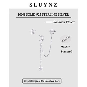 SLUYNZ 925 Sterling Silver Cuff Earrings Chain for Women Asymmetric Star Moon Earrings Crawler Earrings Dangling Chain (A-Silver)