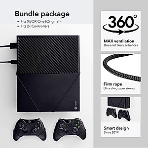 Xbox One Original Wall Mount Solution by FLOATING GRIP - Mounting Kit for Game Consoles - Effective Ventilation, Easy-to-Install System (Bundle: Fits Xbox One Original + 2X Controllers, Black)