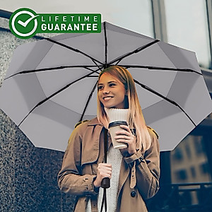 Amazon Brand - Pinzon Umbrella Compact Travel Umbrellas Strong Durable Windproof Umbrella for Rain Portable Umbrella with Teflon Coating - Reinforced Canopy, Ergonomic Handle, Auto Open/Close - Grey