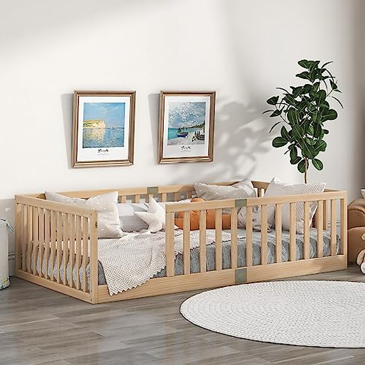 Tatub Twin Floor Bed with Safety Guardrails, Montessori Floor Bed for Kids, Wood Kids Floor Beds Frame, Entry Can Install Left and Right, Twin-Nature