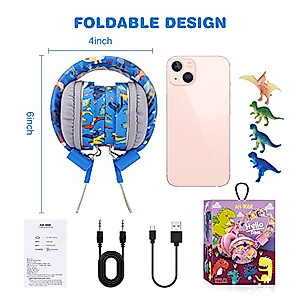 QearFun Dinosaur Headphones for Boys Kids for School, Kids Bluetooth Headphones with Microphone & 3.5mm Jack, Teens Toddlers Wireless Headphones with Adjustable Headband for Tablet/PC (Blue)