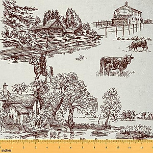 Farmhouse Western Fabric by The Yard, Cowboy Upholstery Fabric, Vintage Country Wild West Cowboy Riding Horses Decorative Fabric, Desert Cow Indoor Outdoor Fabric for Quilting Sewing, 1 Yard