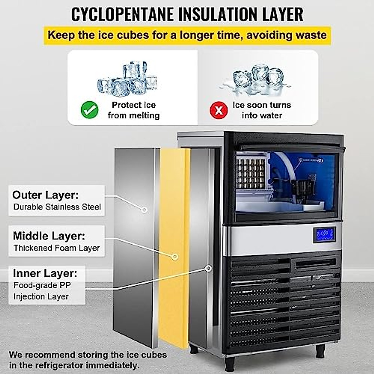 Commercial Stainless Steel Ice Maker Machine with 110LBS/24H Capacity, 39LBS Bin, Electric Water Drain Pump, Water Filter, 2 Scoops, and Connection Hose - Auto Operation for Home, Bar, Restaurant