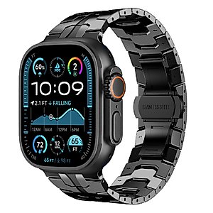 FULLIFE Compatible with Apple Watch Bands for Men, Folding Clasp Stainless Steel Metal Bands for Apple Watch Ultra 2/Ultra 49mm, Series 10 46mm, 9/8/7 45mm, SE2/6/5/4 44mm, 3/2/1 42mm(49mm, Black)
