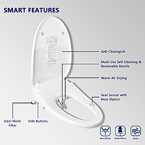 Bidet Seats, DeerValley DV-1S0018A Electronic Bidet Toilet Seat, Smart Toilet Seat with Sensor Seat Heating, Warm Air Dryer, Nightlight, Multiple Wash Methods, Self-Cleaning Nozzle, White