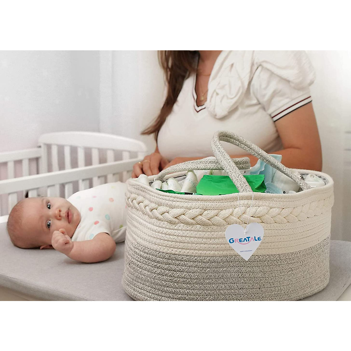 GREATALE Baby Diaper Caddy Organizer - Portable Rope Nursery Storage Bin for Changing Table & Car - Diaper Storage Basket with Removable Divider (Light Grey)