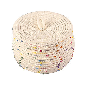HERCHR Cotton Rope Basket, Small Rainbow Basket Mini Woven Basket Small Round Basket Woven Storage Basket with Lid for Organizing