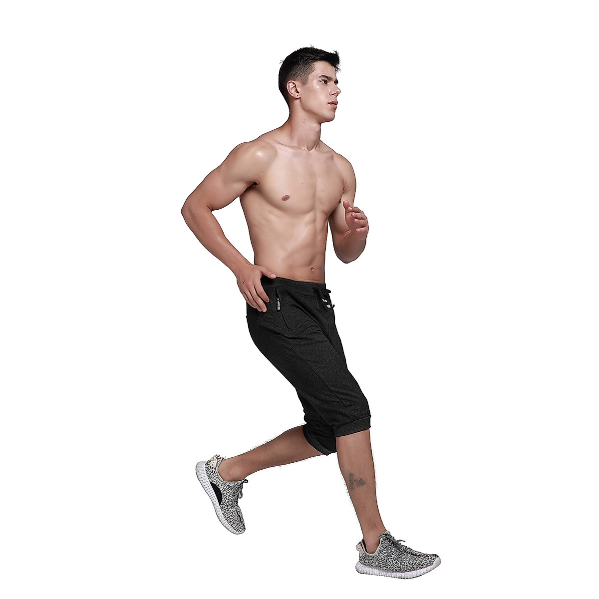 YSENTO Men's Cotton Casual 3/4 Jogger Running Capri Pants Below Knee Gym Workout Shorts Zipper Pockets Black 34