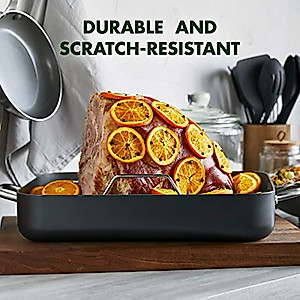GreenPan Chatham Hard Anodized Healthy Ceramic Nonstick, 16" x 13" Roasting Pan with Roaster Rack, PFAS-Free, Dishwasher Safe, Oven Safe, Gray
