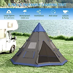 Outsunny 12Ft Camping Tent 6-7 Person 4 Season with 8 Mesh Windows, Outdoor Teepee Tent with Waterproof Material for Family and Friends Camping