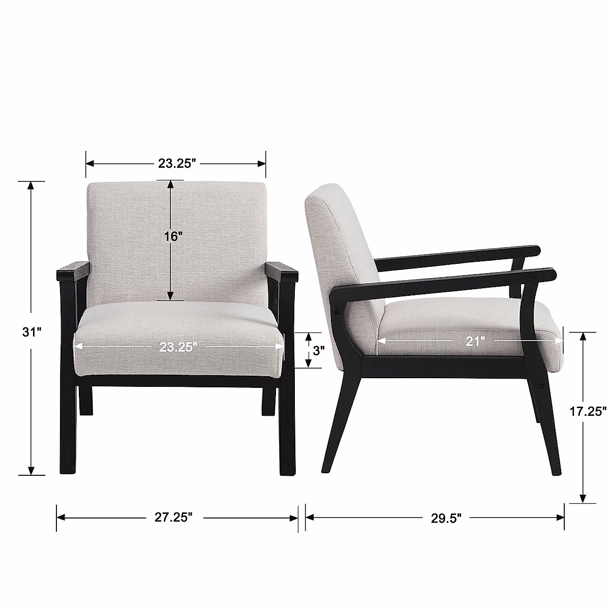 HNY Mid Century Armchair with Black Wood Frames, Linen Upholstered Living Room Arm Chair, for Living Room, Bedroom, Ivory