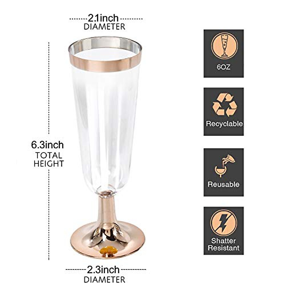 I00000 50 Pack Rose Gold Plastic Champagne Flutes, 5 Oz Fancy Rose Gold Champagne Glasses Plastic Classicware Plastic Toasting Glasses Disposable Party Cocktail Cups for Wedding & Party
